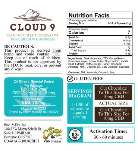 Cloud 9 CBG Dark Chocolate - 100mg CBG - Various Flavors